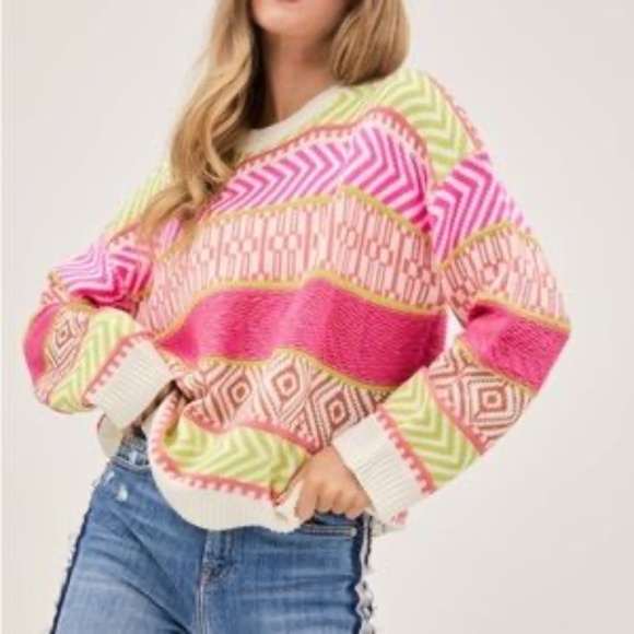 DAVI & DANI | Sweaters | Davi Dani Fair Isle Mixed Print Neon Pullover ...